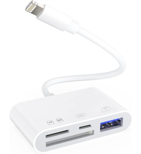 2025MFi認証品・4in1 iPhone SDカードリーダー2025年最新のスマート MFI 認証チップを搭載しており、同時に使用できるポートが 4 つあります ( 1SDカードポート、2microSDカードポート、3iPhone充電コ...