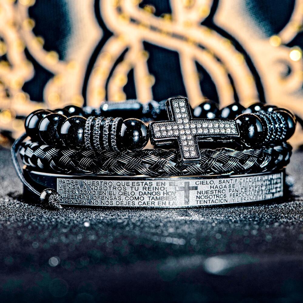 本商品は海外からの発送となり到着までに2週間程度を頂戴します。予めご了承くださいませ。商品名メンズ ビンテージ ブラック 黒 オニキス ビーズ ブレスレット 合成 ジルコン ジルコニア クロス バイブル 詩 ステンレス スチール リストバン...