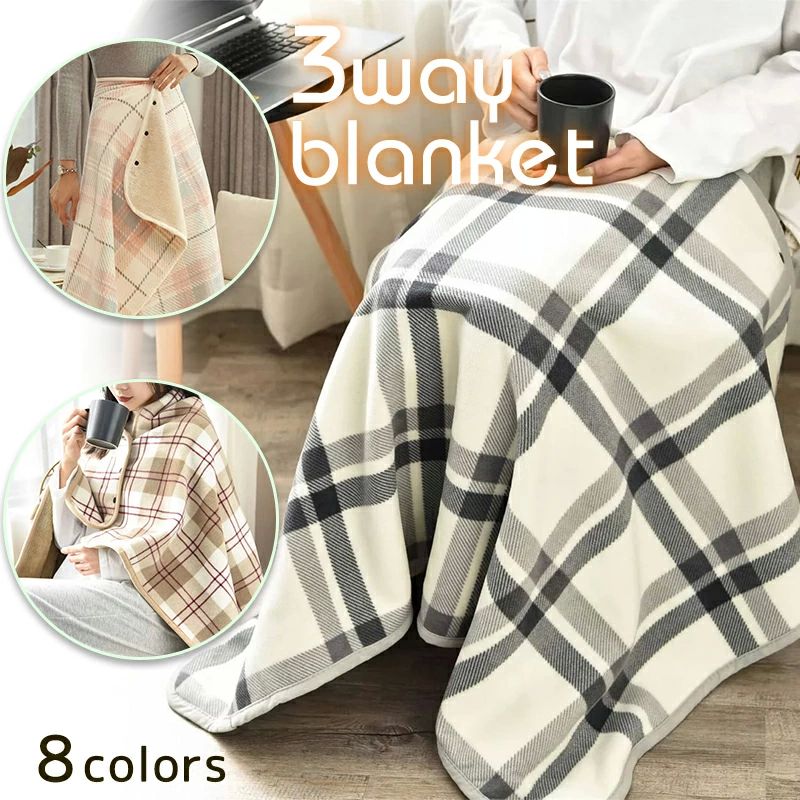 ROUND-ERA＞商品名着る毛布 3WAY ブランケット ひざ掛け ボタン付き 大判 北欧 チェック 着るフランネル リバーシブル ポンチョ 巻きスカート もこもこ 膝掛け 毛布 軽量 シンプル おしゃれ 防寒対策 寒さ対策 裏起毛 ぽか...