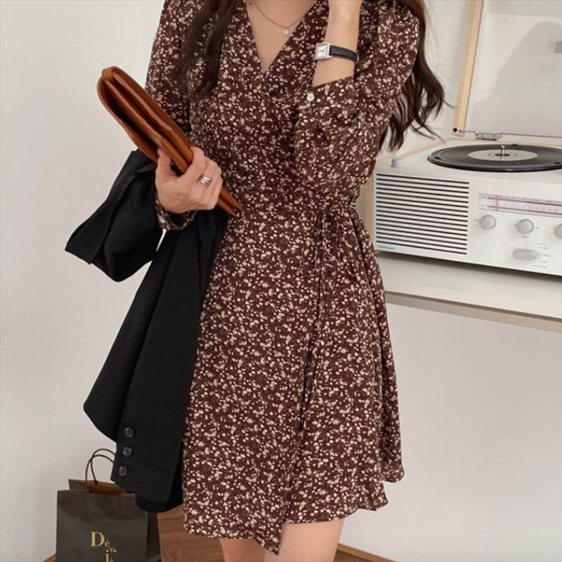 柄が特徴的なワンピース。Vネックでスッキリ着用できる。色展開　ブラウン　ブルー　ブラックサイズ　M　L《商品について》※当ショップは海外からのノーブランド商品になります。海外製品のため日本商品に比べ品質が劣る場合がございます。糸のほつれ、多...