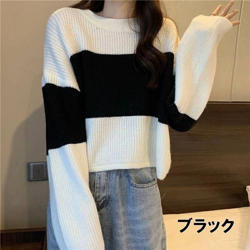 大胆切り替えのバイカラーが可愛いボーダー柄のニット。オーバーサイズなのでゆったりフェミニンに着られる1着です。【カラー】ブラック、ブラウン、ミント 【サイズ（cm）】着丈49　バスト120　肩幅57　袖丈48※1-3cmほどの誤差がある場合...