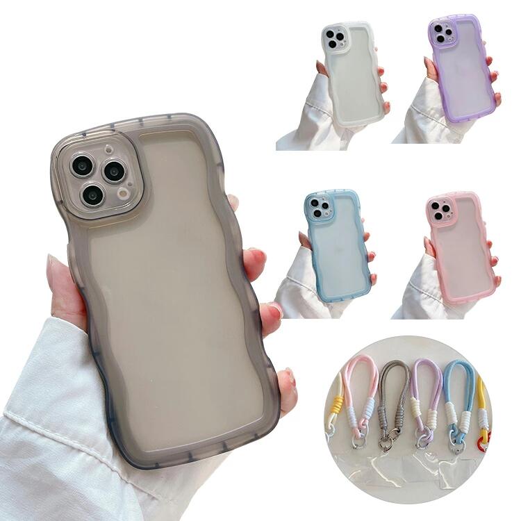 iPhone16 ケース 波状 耐衝撃 TPU ソフトケース クリア 透明 ストラップ付き 持ち手 落下防止ベルト スマホベルト 片手操作 取っ手 保護ケース かわいい iPhone 16 Plus/16 Pro/16 Pro Max アイ...