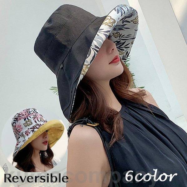 無地とボタニカルプリント柄の両面で楽しめるリバーシブルハットです。首元まで覆うつば広デザインで日差し対策にgood！ツバを折り返したときに見える柄もおしゃれです☆【サイズについて】画像をご参照ください。【素材について】綿混