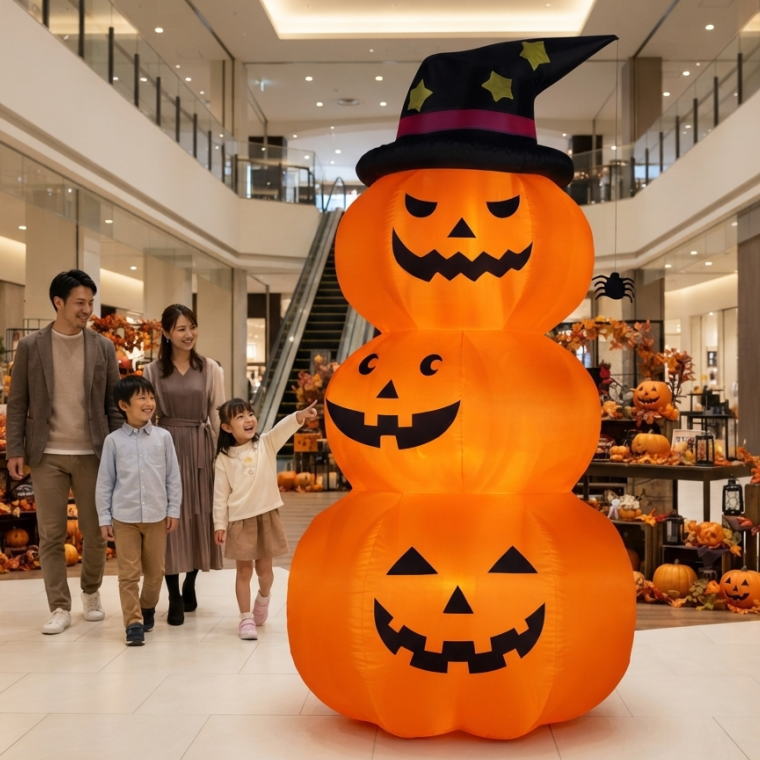 高さ約240cmの3連パンプキンが目を引く、大型ハロウィンエアーディスプレイです。積み重なったオレンジパンプキンが、玄関や店舗入口、イベント会場を楽しいハロウィン空間へ演出します。 ACアダプターをコンセントに差し込むだけで、内蔵ファンが自...