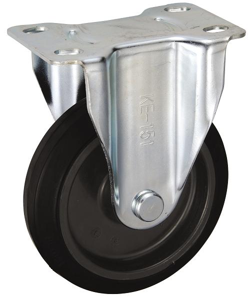 静流キャスター PCKE型　固定キャスター サイズ(mm)： 150 品　番：PCKE-151 車輪使用：ゴム 軸受：鋼板製ベアリング入 最大荷重(daN)： 180　、183.6kgf タイヤ幅R(mm)： 38 シャフト径D(Φmm)：...