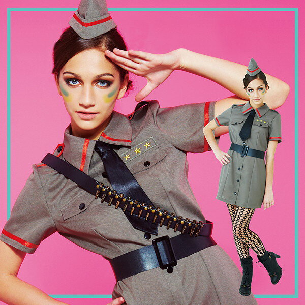 ハロウィンコスチューム　アーミー（軍人）　レディース 【商品番号】No.29042 【商品説明】キュートでセクシーなアーミーコスチューム！開き・仕様：前ボタン 【セット内容】ミニハット(ヘアピン仕様)、ネクタイ、ベルト、ワンピース※タイツ・...