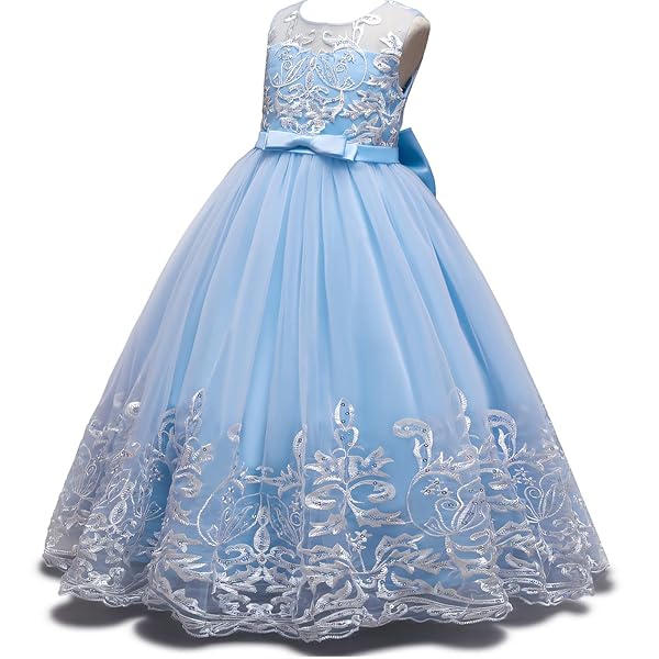 子供ドレス 発表会 女の子 キッズ ピアノ ノースリーブ ドレス チュール フォーマルドレス 刺繍 ジュニア ロング 上品 コンクール 蝶結び フラワーガール(110 スカイブルー(蝶結び付き))ブランド色スカイブルー(蝶結び付き)モデル商...