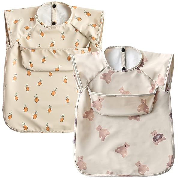 お食事エプロン ベビー 離乳食エプロン 2枚セット 袖なし 食事用エプロン ノースリーブ 防水 お食事スタイ 洗える 幼児 赤ちゃん 1歳 2歳 3歳 4歳 5歳 エプロン スモック 子供 キッズ 保育園 幼稚園用ブランド色クマ×レモンモデ...