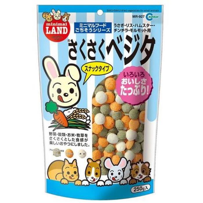 【商品説明】穀類・牧草とにんじん・お米の3種類のスナックをミックスした、さくさくとした食感のおやつです。　【原材料】小麦、えんどう豆、アルファルファ、とうもろこし、にんじん、パプリカ、乳化剤、米