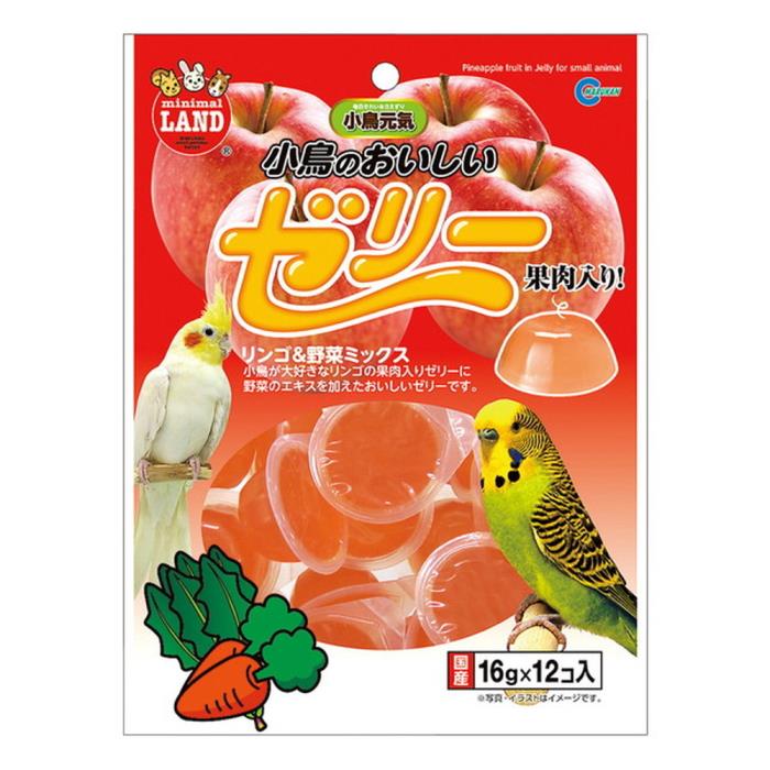 【商品説明】りんご＆野菜ミックスの小鳥用ゼリーです。　【原材料】異性化液糖・ブドウ糖・りんご・ほうれん草・にんじん・増粘多糖類・ミネラル類（塩化カリウム）・酸味料・香料・PH調整剤・着色料（赤102・黄4）