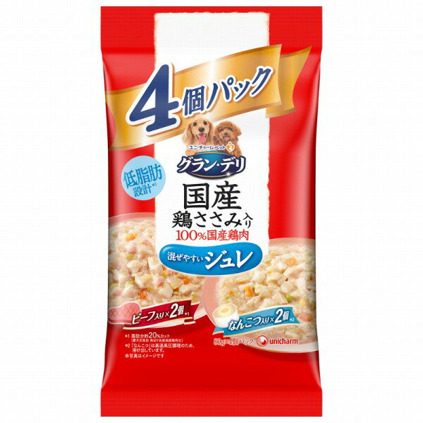 【商品説明】・100％国産の良質な鶏肉を調理・美味しい鶏ささみ入りレトルトパウチ・ドライタイプやソフトタイプのフードと混ぜやすいジュレタイプ・ビーフ入りと軟骨入りがそれぞれ2個ずつ入った、嬉しいアソート4個パック【原材料】【ビーフ入り】肉類...