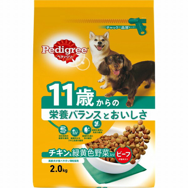 【商品説明】11歳からの愛犬の健康を維持し、免疫力の維持をするためにビタミンEを強化しました。足腰・関節の健康維持に配慮し、グルコサミンが豊富なチキンを使用。11歳以上の愛犬が食べやすい薄型粒。【原材料】穀類、家禽類、肉類（チキンエキス、チ...