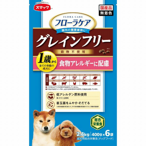 【商品説明】フローラケア【原材料】魚介類（フィッシュミール、フィッシュパウダー）、でん粉類（馬鈴薯でん粉、タピオカでん粉）、ポテトプロテイン、油脂類（植物性油脂、動物性油脂、魚油（DHA源として））、甘藷ミール、ビール酵母、セルロース粉末（...