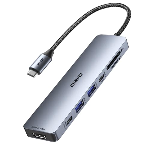グレー/-/000395grey・Color:グレー・【強力なUSB-C HUB】BENFEI USB Type-Cハブ 4K/60Hz HDMI、100W充電、USB 3.0×2、SD/TFカードリーダー搭載・・超柔らかシリコンケーブル&...