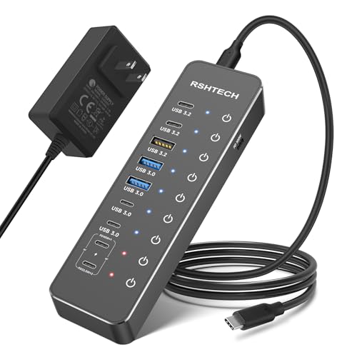 ブラック/-/-・【USBハブ 10ポート・電源付き】RSHTECH USBハブは、ノートPC・デスクトップ・MacBookのUSB-Cポート1口を、多機能ワークステーションへ瞬時に拡張。USB 3.2データポート×3（最大10Gbps）、...
