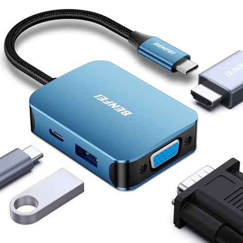 ブルー/4-in-1/000310blue・Size:4-in-1Color:ブルー・パッケージ個数:1・コンパクトな USB C ハブ - BENFEI USB Type-C to HDMI+USB+VGA+Power Delivery ...