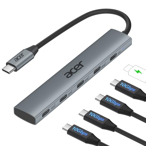グレー/-/-・【5ポート搭載 高速USB C ハブ】5つのポートを備えたAcer USB ハブ Type-Cで接続性を拡張し、効率的なマルチタスクを実現。4つのUSB Type-C 3.2 Gen2 データポートは最大10Gbpsの転送速...