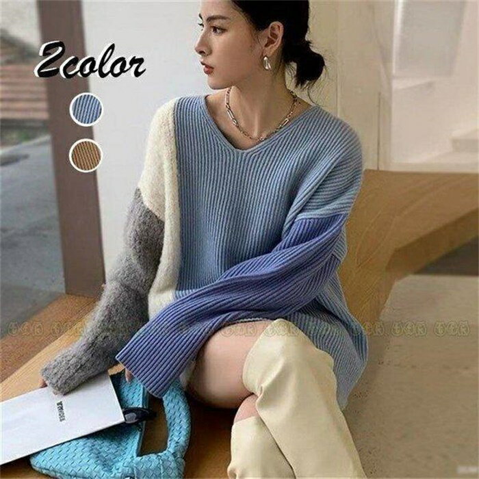 ◆◆カラー：イエロー ブルー【素材】：ポリエステル、アクリル【サイズ】：（約）【F】肩幅/60 バスト/115 着丈/66 (cm) 【キーワード】：ニットセーター レディース 秋冬 40代 長袖トップス Vネックセーター 配色ニットトップ...