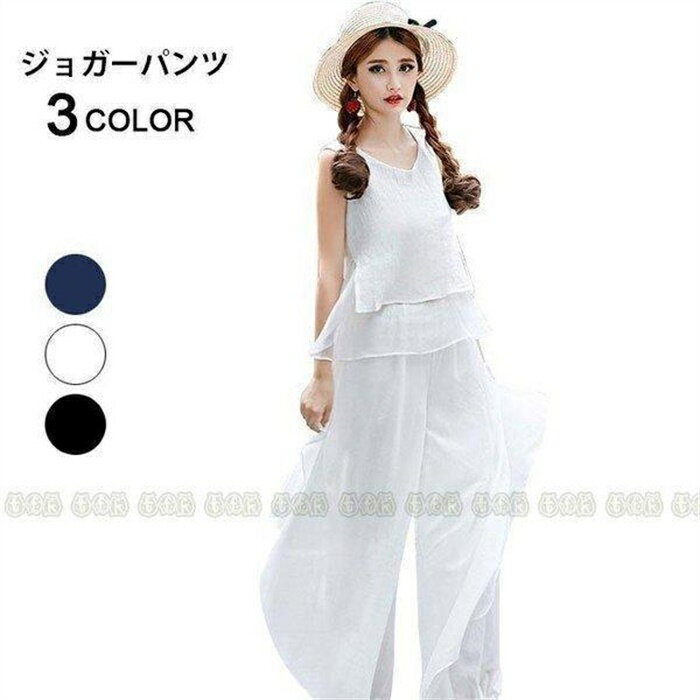 ◆【カラー】：ホワイト　ブラック　ネイビー◆【サイズ】: F【cm】ウエスト-90 総丈:92 ◆【素 材】：ポリエステル【おススメ】：《1》ゆるいシルエットが春?夏にぴったりの軽やかなイメージに★《2》リラックス感なイメージのジョガーパン...