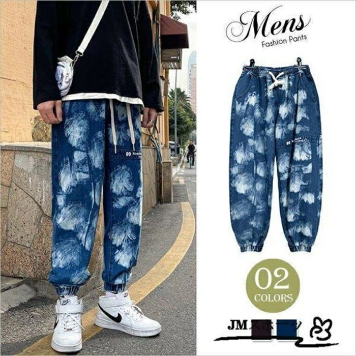 商品名メンズカーゴパンツ シェフ ワイドパンツ シルエット スウェットパンツ ルーズ ゆったり テーパードパンツ イージーパンツ カジュアル トレッキング 花柄 スポーツ　デニム状態：新品未使用素材デニム　コットン65%カラーブルー/ブラッ...