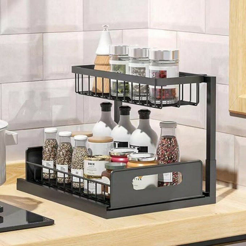 シンク下 収納 スライドラック L字型 キッチン収納 隙間収納 引き出 2段 スライド式 洗面台下 調味料 小物整理 組立簡単 省スペース キッチン 洗面所 スチール製丈夫 防汚 防錆 サイズ：2個セットカラー：ホワイト/ブラック【L字型ス...
