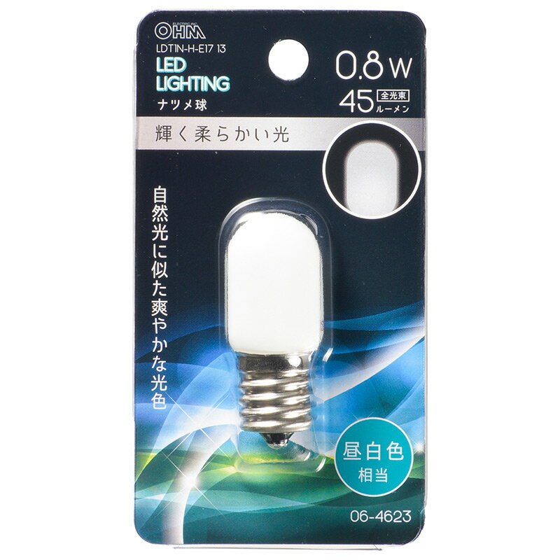 ●LED電球 ナツメ球形 装飾用●自然光に似た爽やかな光色●切れにくく長寿命●消費電力が少なく、電気代が安い●一般電球と比べ発熱が少ない●昼白色相当●口金はE17寸法：全長48×最大径20mm■質量：10g■定格消費電力：0.8W■定格電流...