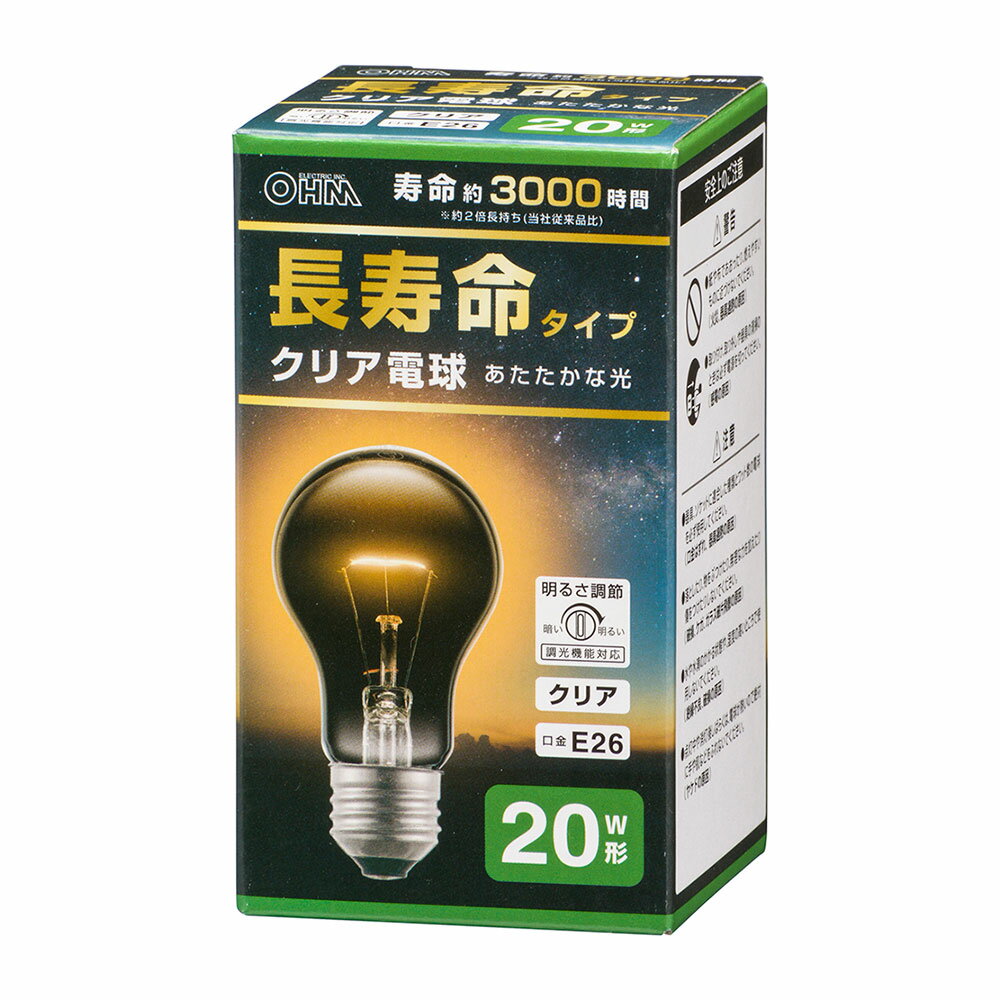 特長 ●口金E26、20W形白熱クリア電球 長寿命タイプ●光源色は電球色●調光（明るさ調整）機能対応 商品仕様 ●寸法：外径55mm×全長100mm●質量：26g●定格消費電力：19W●定格入力電源：0.19A●全光束：180 lm●定格寿...