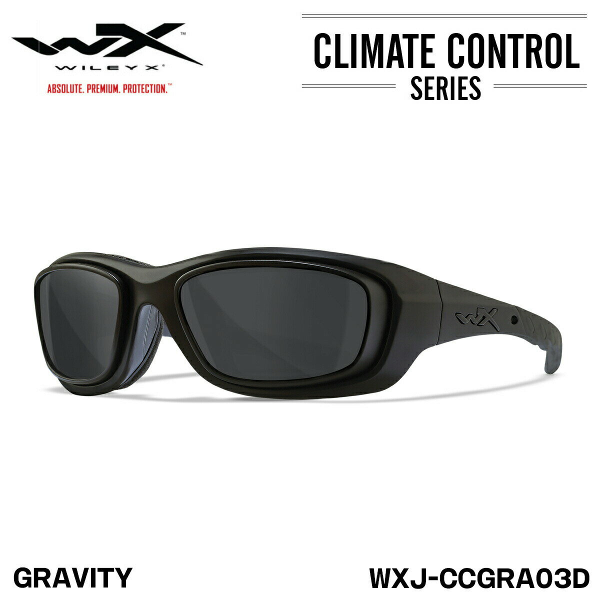■ 品番：WXJ-CCGRA03D ■ 品名：WX GRAVITY -RIM- ■ フレームカラー：ブラックオプス(米軍指定色 BLACK357) ■ レンズカラー：スモークグレー ■ レンズカーブ：6カーブ ■ 可視光透過率：20% ■ ...