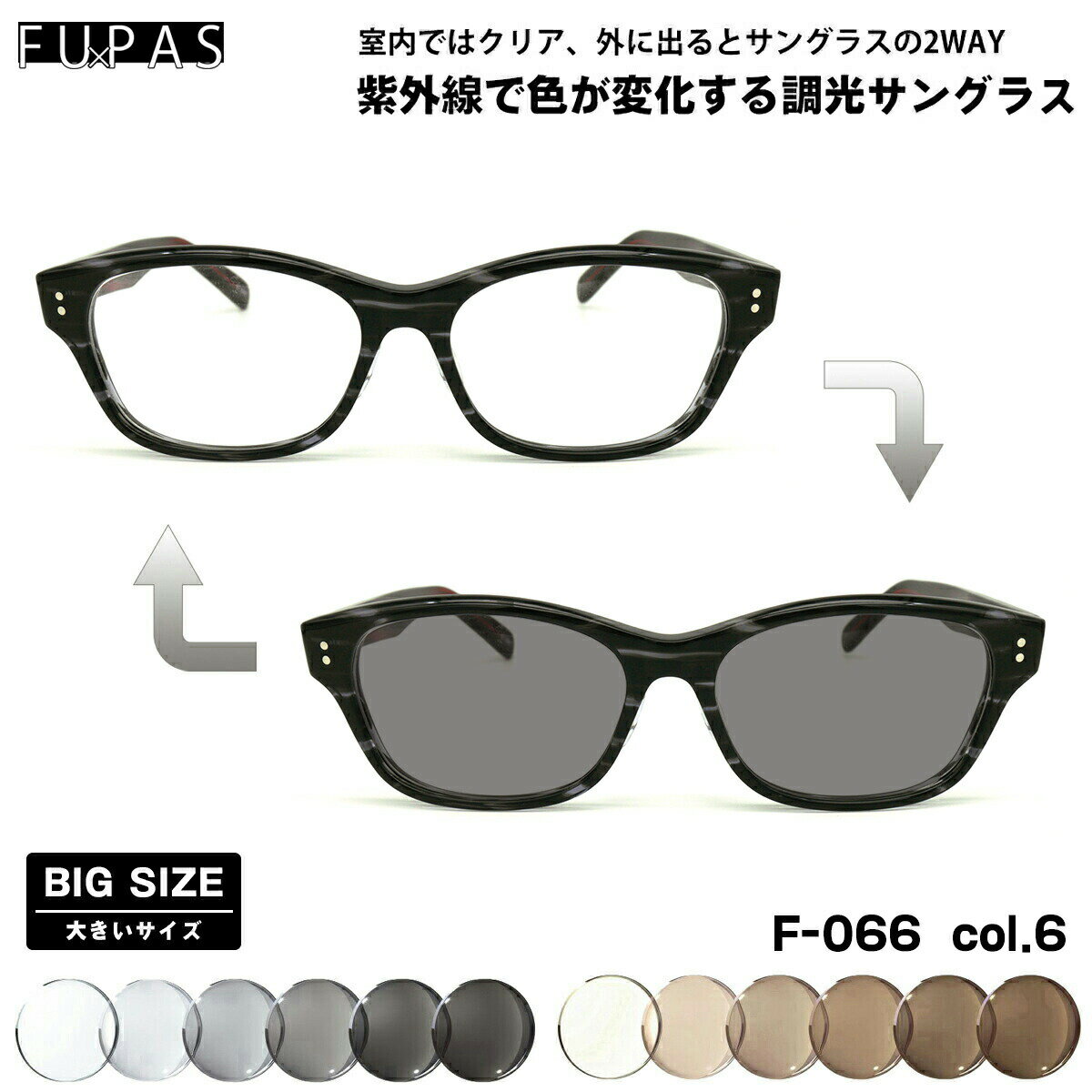【 紫外線で色が変化する調光レンズセット 】 ■ ブランド：FU×PAS フーパス ■ 型番：F-066 col.6 ■ フレームカラー：スモークササ / レッド ■ フレーム材質：プラスチック ■ レンズ材質：プラスチック ■ レンズ：I...