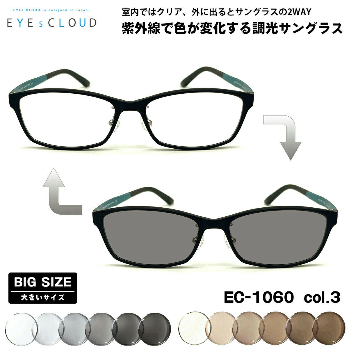 【 紫外線で色が変化する調光レンズセット 】 ■ ブランド：EYEs CLOUD アイクラウド ■ 型番：EC-1060 col.3 ■ フレームカラー：ネイビーマット / ライトブルー ■ フレーム材質：ウルテム(超軽量弾性樹脂) ■ レ...