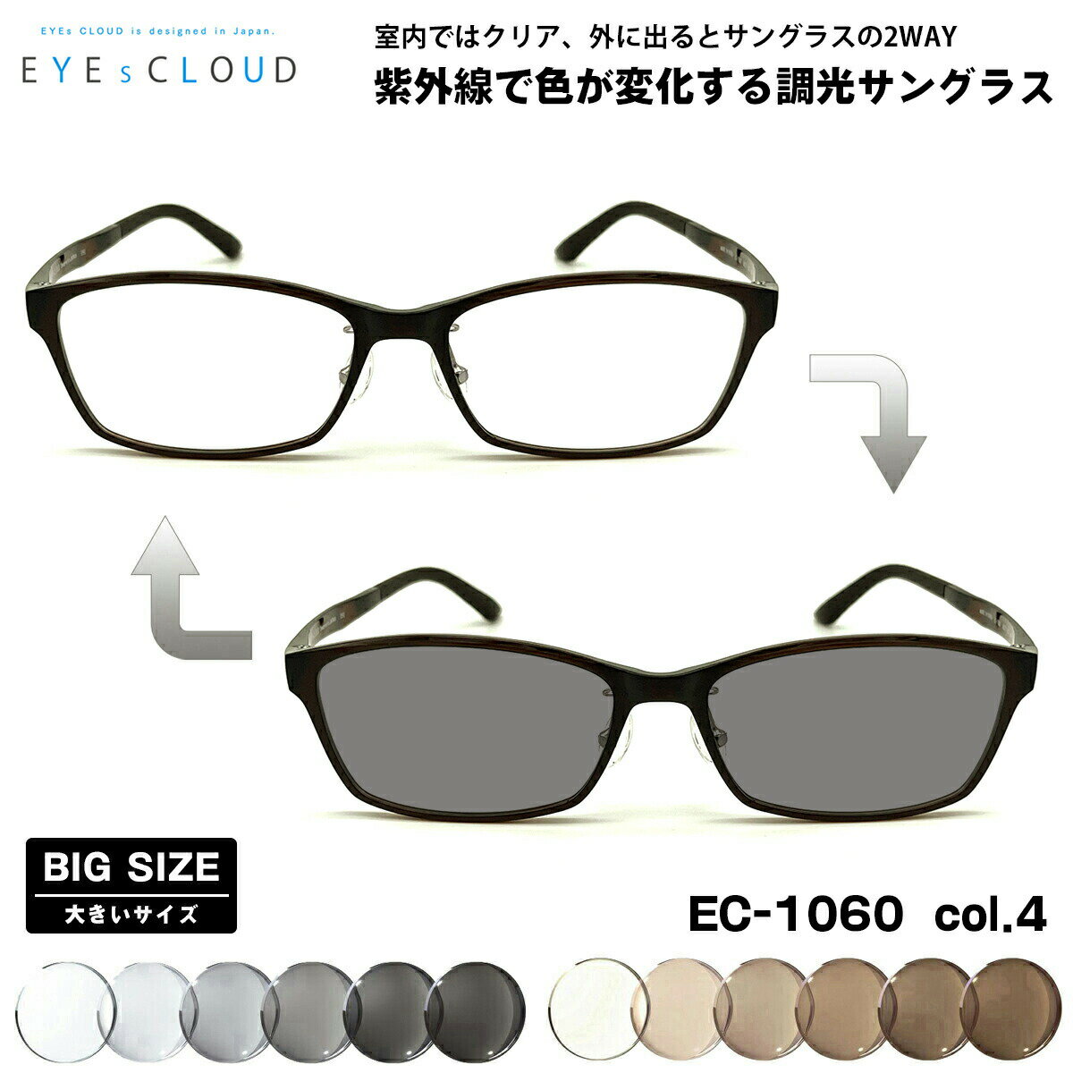 【 紫外線で色が変化する調光レンズセット 】 ■ ブランド：EYEs CLOUD アイクラウド ■ 型番：EC-1060 col.4 ■ フレームカラー：ブラウンシャーリング ■ フレーム材質：ウルテム(超軽量弾性樹脂) ■ レンズ材質：プ...