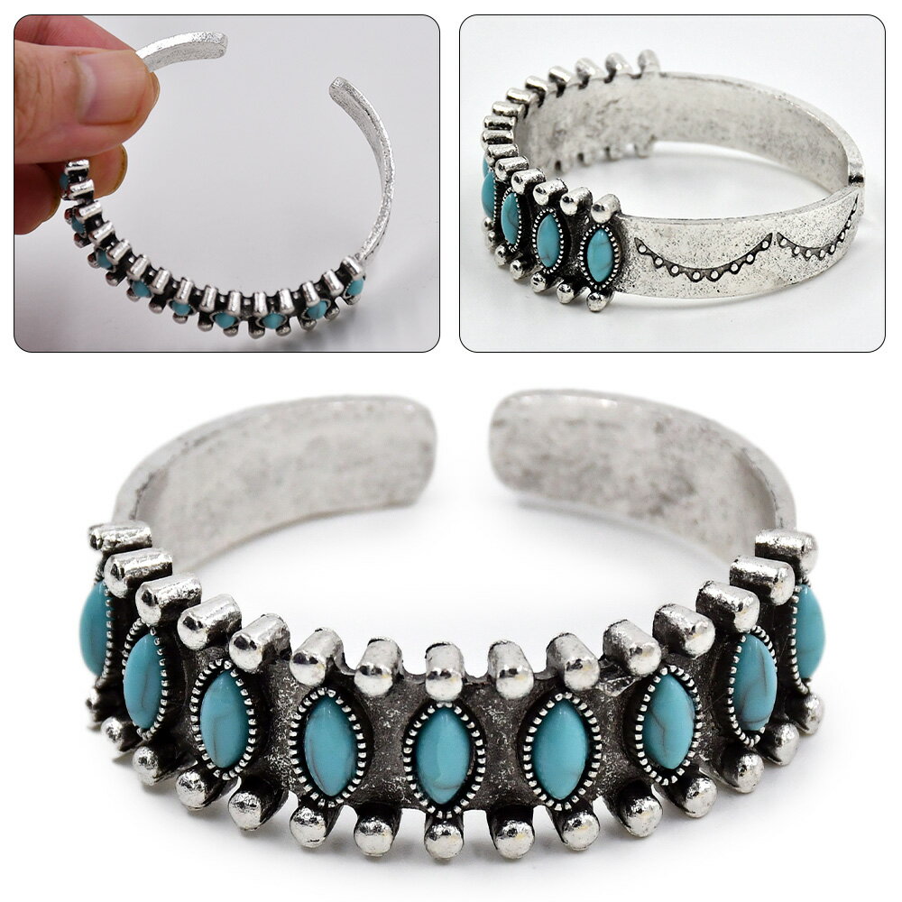 存在感のあるターコイズ装飾のシルバーバングル。 厚みがありますが背面側は曲げやすく、取り付け時にサイズ感の調整が可能です。 【サイズ】 内周：約17cm〜サイズ感調整可能 【重量】 約33g 【素材】 シルバー お支払い・配送について ・ご...