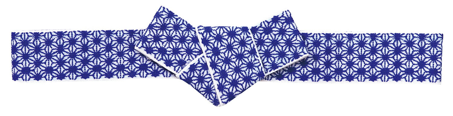 結び目縫製済のゴムバンドタイプで頭にはめるだけ！前でも後でもどちらでも着けられる