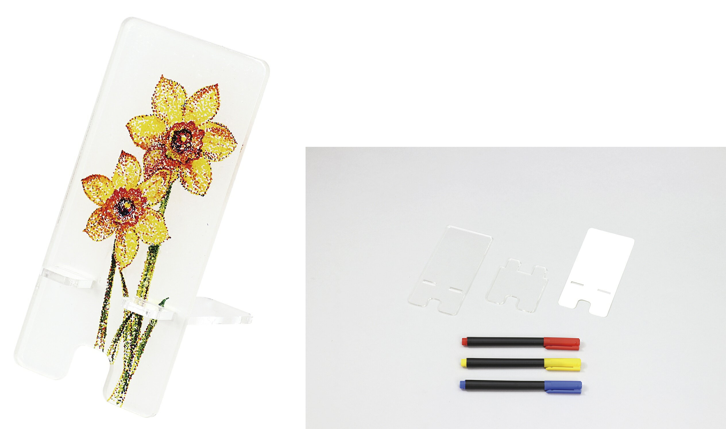 3色の油性ミリペン付　スマホスタンドにカラーペンで点描します。持ち帰って使え、実用的な教材です。スマホスタンド アクリル製 63×137mm×1、油性ミリペン0.4mm 赤・青・黄×各1、上質紙シール 63×137mm×1