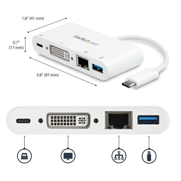 商品説明USB-C対応マルチアダプタ。USB-C対応ノートパソコンの接続機能を拡張します。DVIビデオ出力、USB 3.0 Type-Aポート1口、ギガビットイーサネットポートを追加し、場所を選ばずパワフルなワークステーションの構築が可能に...