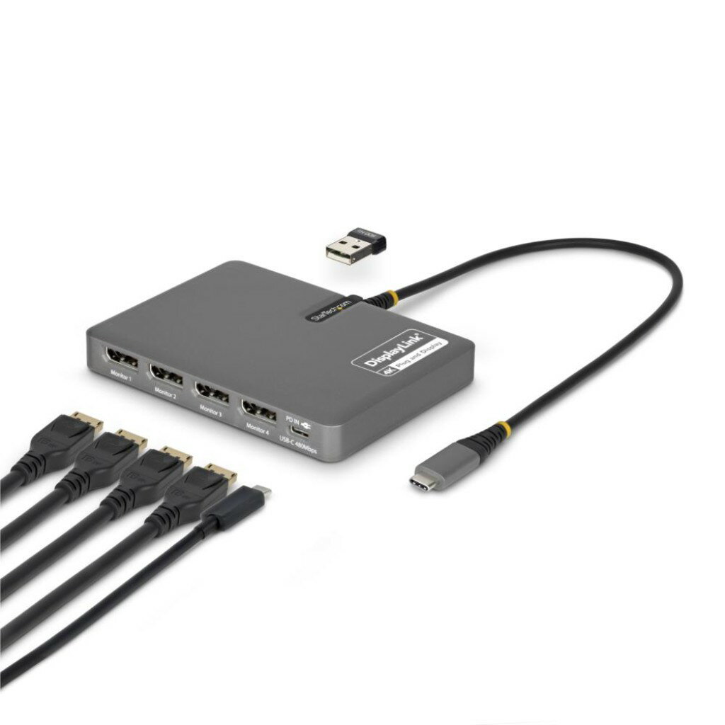 商品説明4画面対応USB-Cミニドッキングステーション。4画面出力によって作業領域を拡張し、必要なポートや電力を維持したまま、周辺機器との接続を効率的に管理できます。4K 60Hzディスプレイ4台拡張機能1つのUSB-Cポートに最大4台の4...