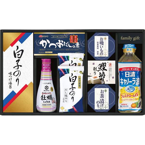 商品説明定番ギフトだからこそ、お喜びいただける詰め合わせです。●白子だし塩のり(8切5枚)×2、白子味のり(3切5枚)・マルトモかつおだしの素(4g×6)・永谷園お吸いもの松茸風味(2.3g×2)(粉末)・永谷園お茶漬けのり(4.7g×2)...
