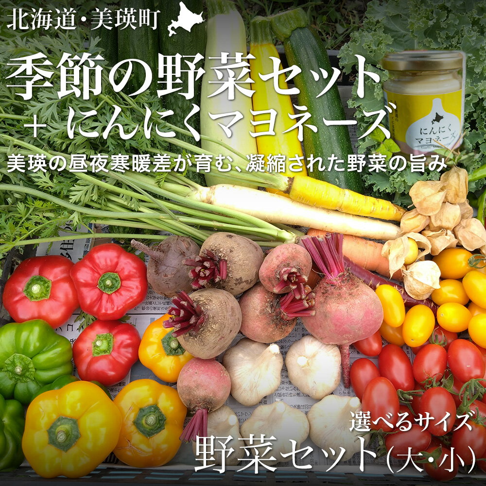 商品説明名称季節の野菜セット（大・小）＆にんにくマヨネーズ 内容量 その日に採れた多品種の旬野菜セットとにんにくマヨネーズ1個 【野菜の一例】 5～6月：人参、菊芋、セルバチコ、アスパラ、ラディッシュ、ハーブ、小葉物　他 7～8月：ミニトマ...