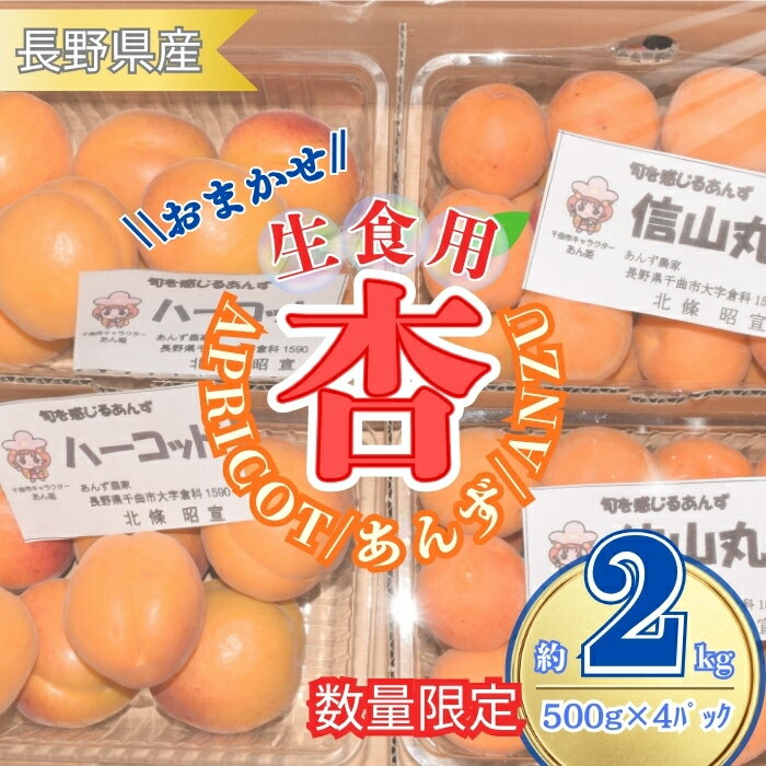 商品説明 名称 あんず おまかせ生食用(ハーコット・信山丸・おひさまコット・ニコニコット) 計約2kg 内容量 ・ハーコット：約500g×2パック・信山丸・おひさまコット・ニコニコットのいずれか2パック（品種おまかせ）：約500g×2パック...