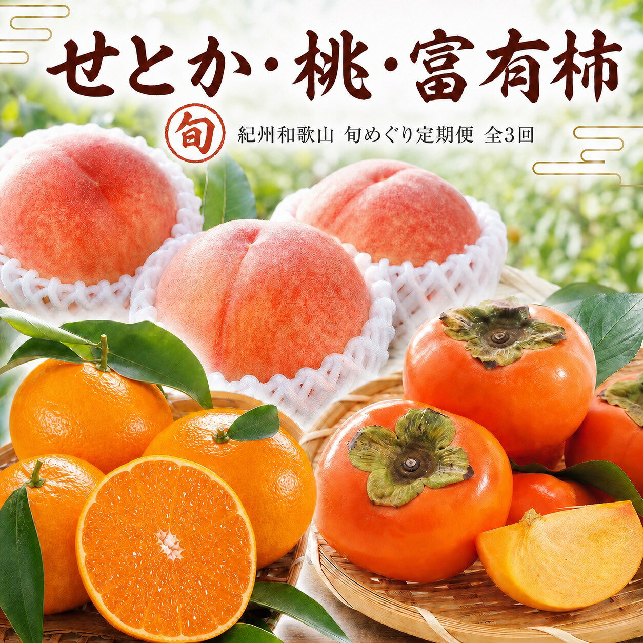 商品詳細 商品名： 【全3回】紀州和歌山産旬のフルーツセット（せとか・桃・富有柿) 商品： 【3月】とろける食感!ジューシー柑橘　せとか　約3kg 【7月】紀州和歌山産の桃　約1.8kg 【11月】和歌山秋の味覚　富有柿　約2kg ■お礼品...