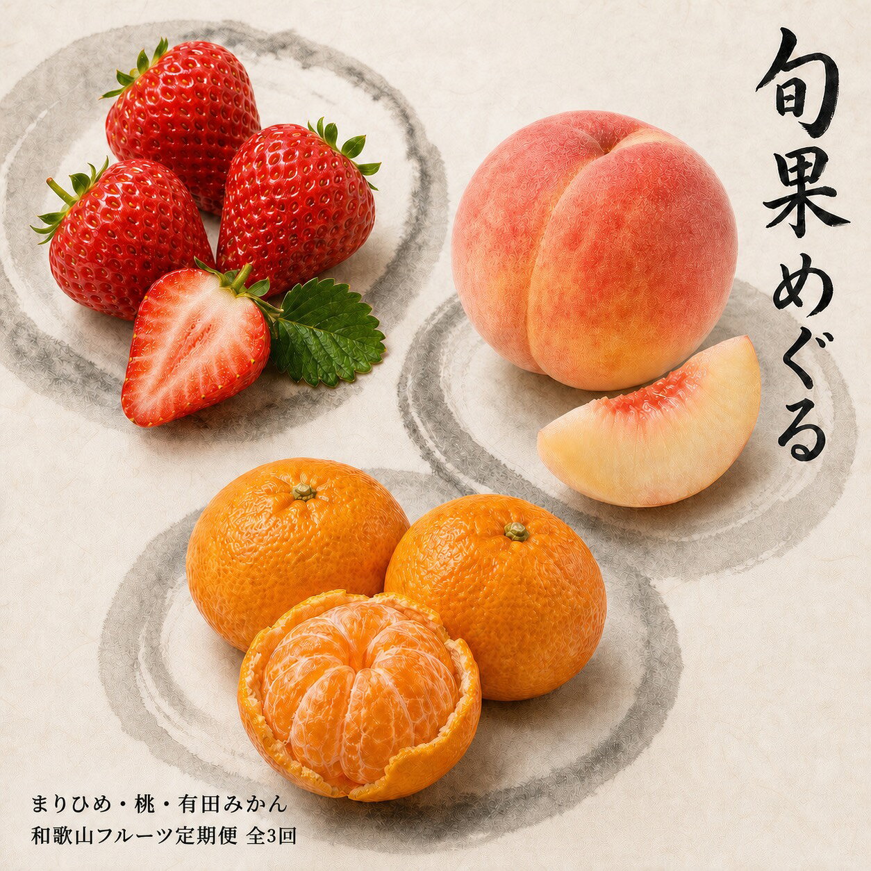 商品詳細 名称： 【全3回】紀州和歌山産旬のフルーツ定期便 内容量： 【2月〜3月】紀州和歌山ブランドいちご「まりひめ」約250g×4P 【7月】紀州和歌山産の桃　約1.8kg 【12月】紀州有田産濃厚完熟温州みかん 5kg 賞味期限： 各...