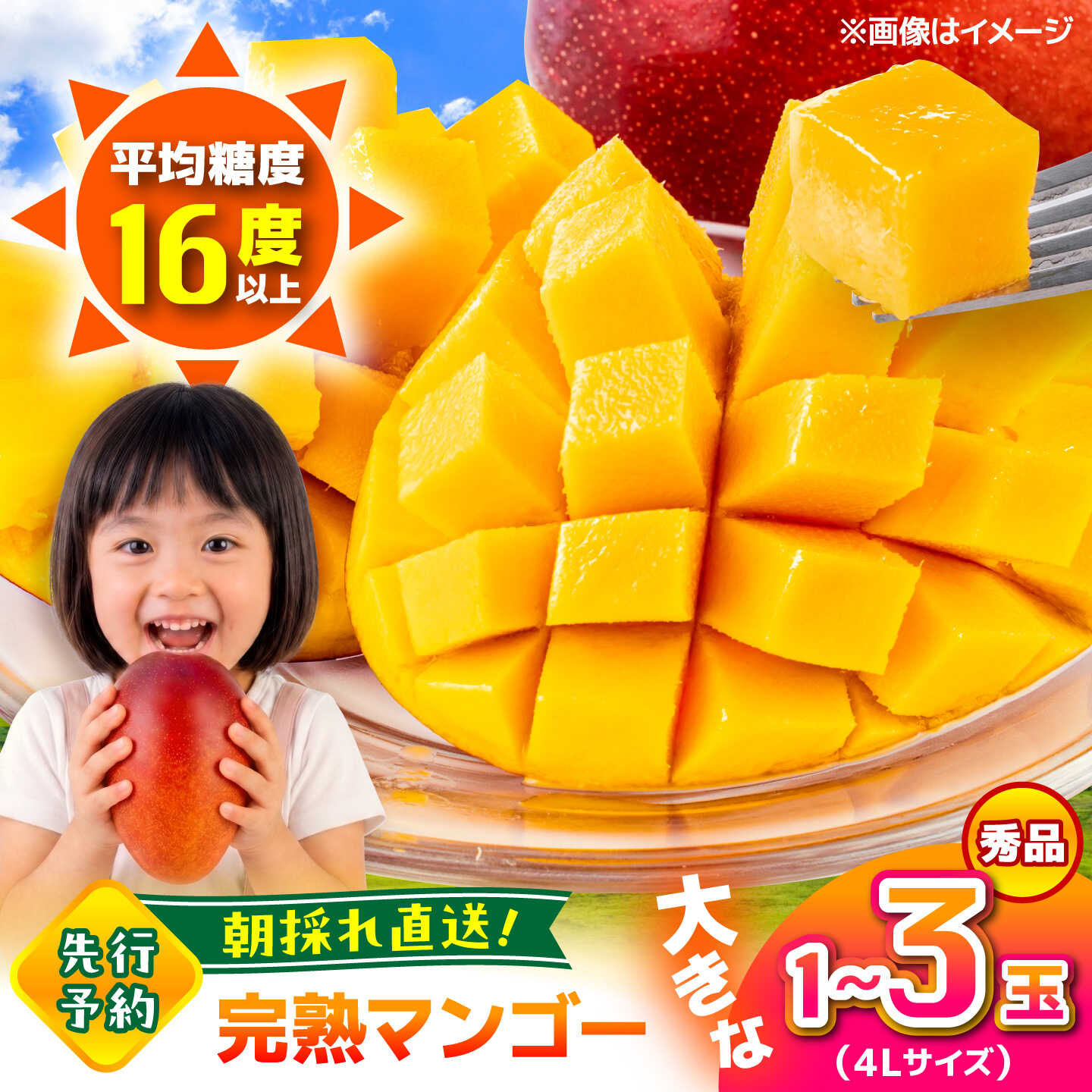 「日本一美味しいマンゴーをつくる！」を目標にマンゴーが持っている 「上質な甘み」「まろやかなコク」「とろけるような食感」 を十分に引き出すように日々研究し実践しております。 独自の温度管理と水分管理にこだわった自慢の完熟マンゴーです！ 青秀...