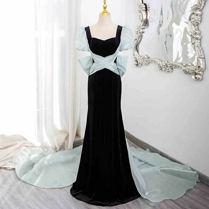 商品名 ビックリボン パフスリーブ ブラック 前撮り ドレス カラードレス マーメイドドレス インポート 海外挙式 ワンショルダー フリル袖 イブニングドレス ウェディングドレス ウエディングドレス 海外挙式 発表会 演奏会 サテン フォー...