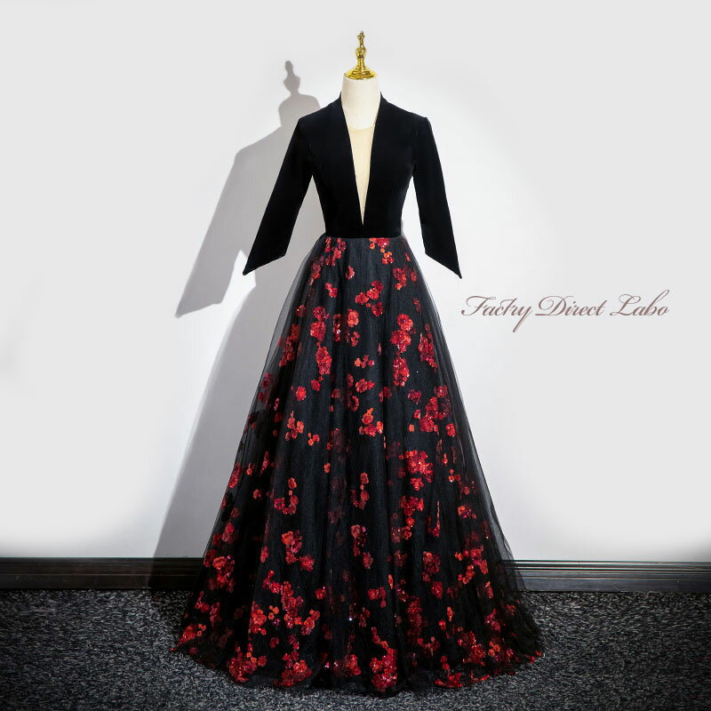商品名 カラードレス ロングドレス パーティードレス ブラック Vネック 長袖 花柄 赤 ウェディングドレス ウエディングドレス 結婚式 二次会 花嫁 前撮り 演奏会 発表会 カクテルドレス ブライダル フォーマルドレス 成人式 卒業式 コ...