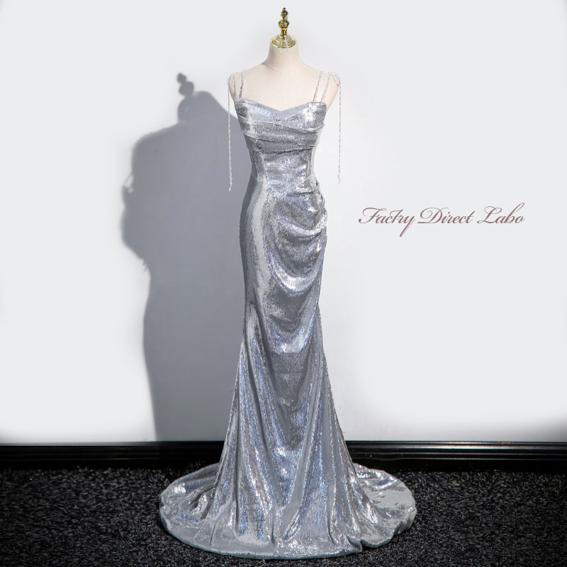 商品名 カラードレス ロングドレス シルバー マーメイドドレス パーティードレス ウェディングドレス ウエディングドレス 結婚式 二次会 花嫁 前撮り 演奏会 発表会 カクテルドレス ブライダル フォーマルドレス グレー ノースリーブ キラ...