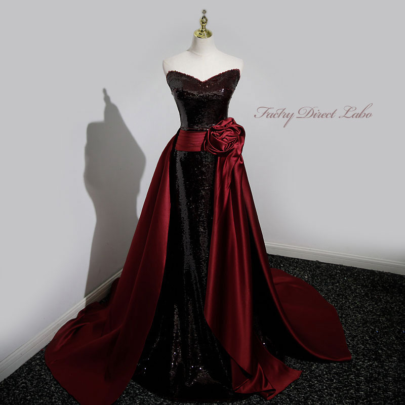 商品名 二次会 ドレス カラードレス ブラック ワインレッド オフショルダー ハートカット オーバースカート ウエディングドレス 海外挙式 結婚式 発表会 演奏会 二次会 花嫁 前撮り カクテルドレス 披露宴 舞台 演出 イブニングドレスブ...