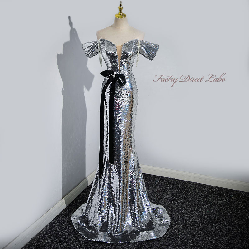商品名 カラードレス ロングドレス シルバー マーメイドドレス リボン パーティードレス ウェディングドレス ウエディングドレス 結婚式 二次会 花嫁 前撮り 演奏会 発表会 オフショルダー 披露宴 ブライダル フォーマルドレス 成人式 卒...