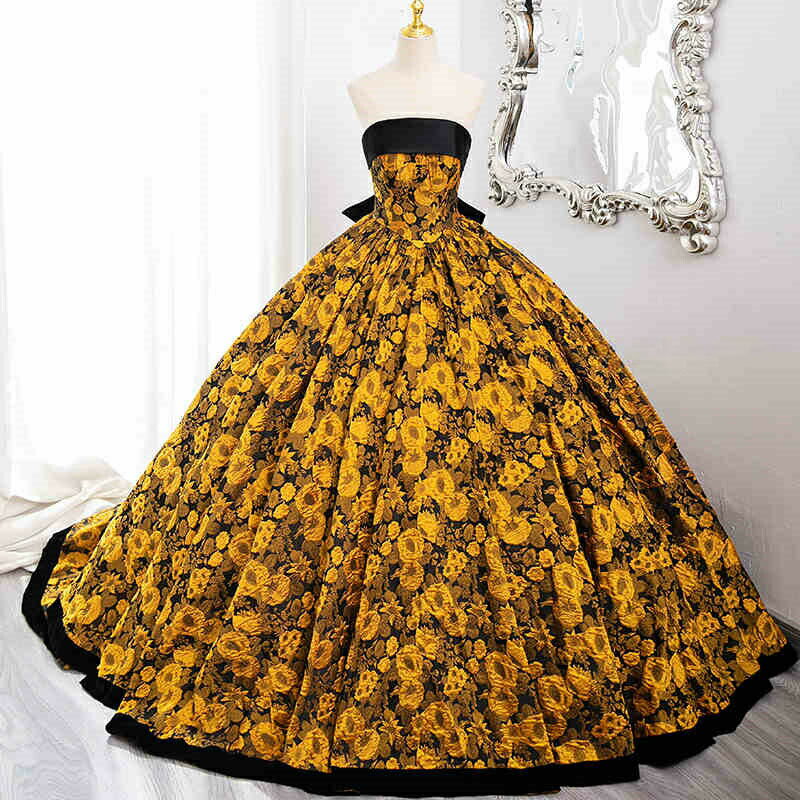 商品名 カラードレス ロングドレス パーティードレス リボン ビックリボン 黄 黒 ブラック イエロー 花柄 柄 チュール ショール ウェディングドレス ウエディングドレス 結婚式 二次会 花嫁 前撮り 演奏会 発表会 オフショルダー 披露...