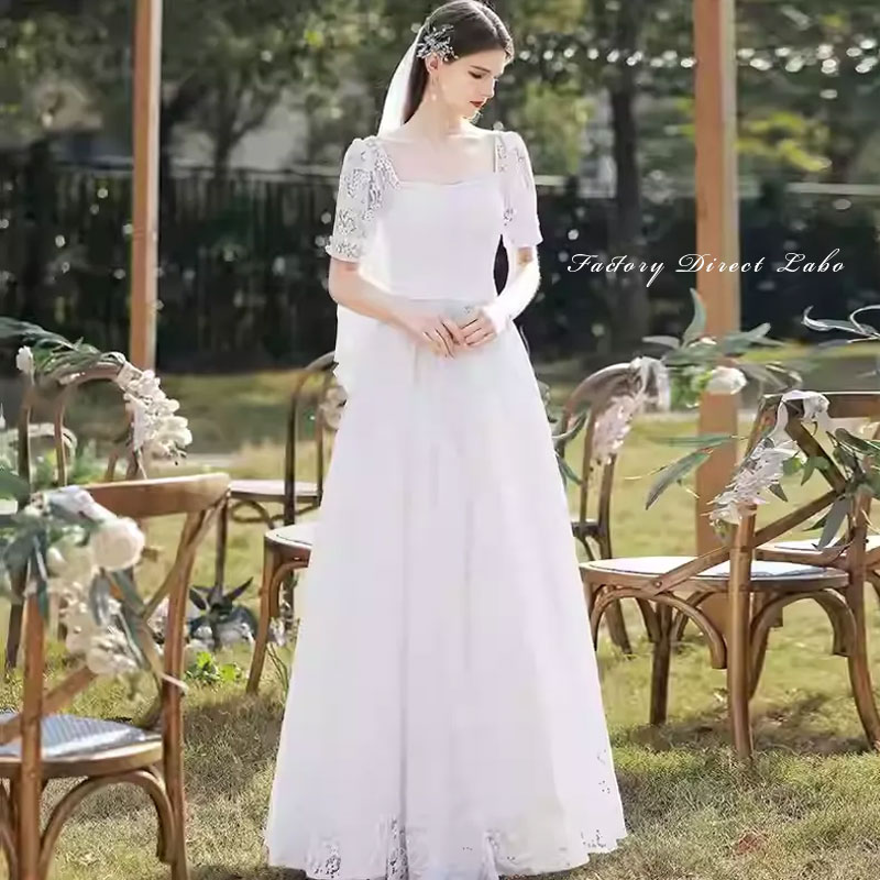 商品名ウエディングドレス【着後レビュー特典】クラシカルでロマンティックなパーティドレス くるみボタン ウェディングドレス ブライダルドレス スクエアネック 五分袖 二次会 ホワイト 白ワンピース リゾートウエディング モダンレース ロングド...