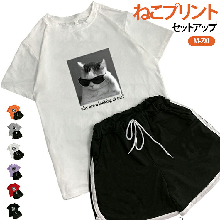 かわいい猫デザインが目を惹く、レディース用ルームウェア上下セット。半袖Tシャツとショートパンツのセットアップで、春夏シーズンを快適に過ごせるリラックスウェアです。ゆったりとした着心地で動きやすく、おうち時間はもちろん、ワンマイルウェアやちょ...